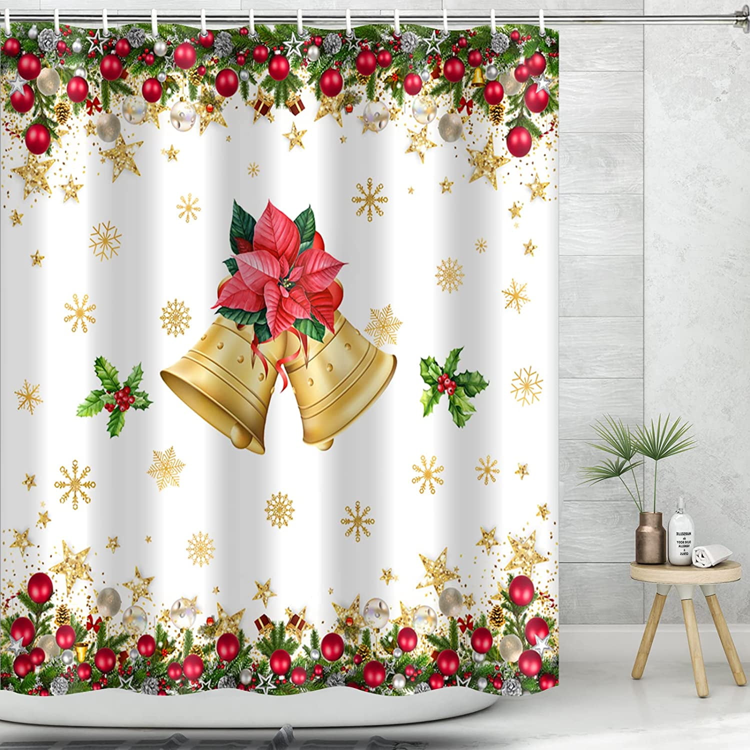 SPXUBZ Christmas Shower Curtain Golden Bell Shower Curtain Snowflake ...