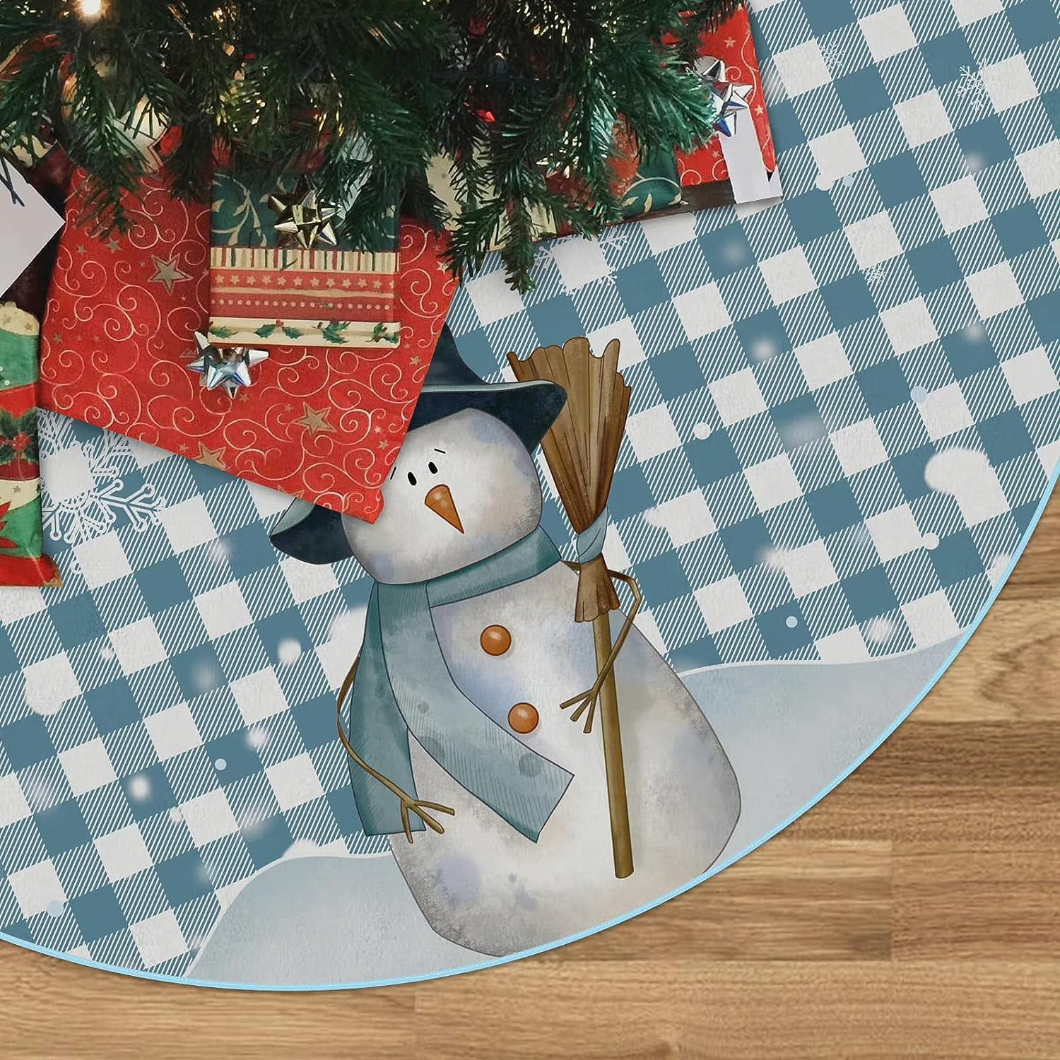 SPXUBZ Christmas Tree Skirt White and Blue Buffalo Plaid Snowman Tree ...