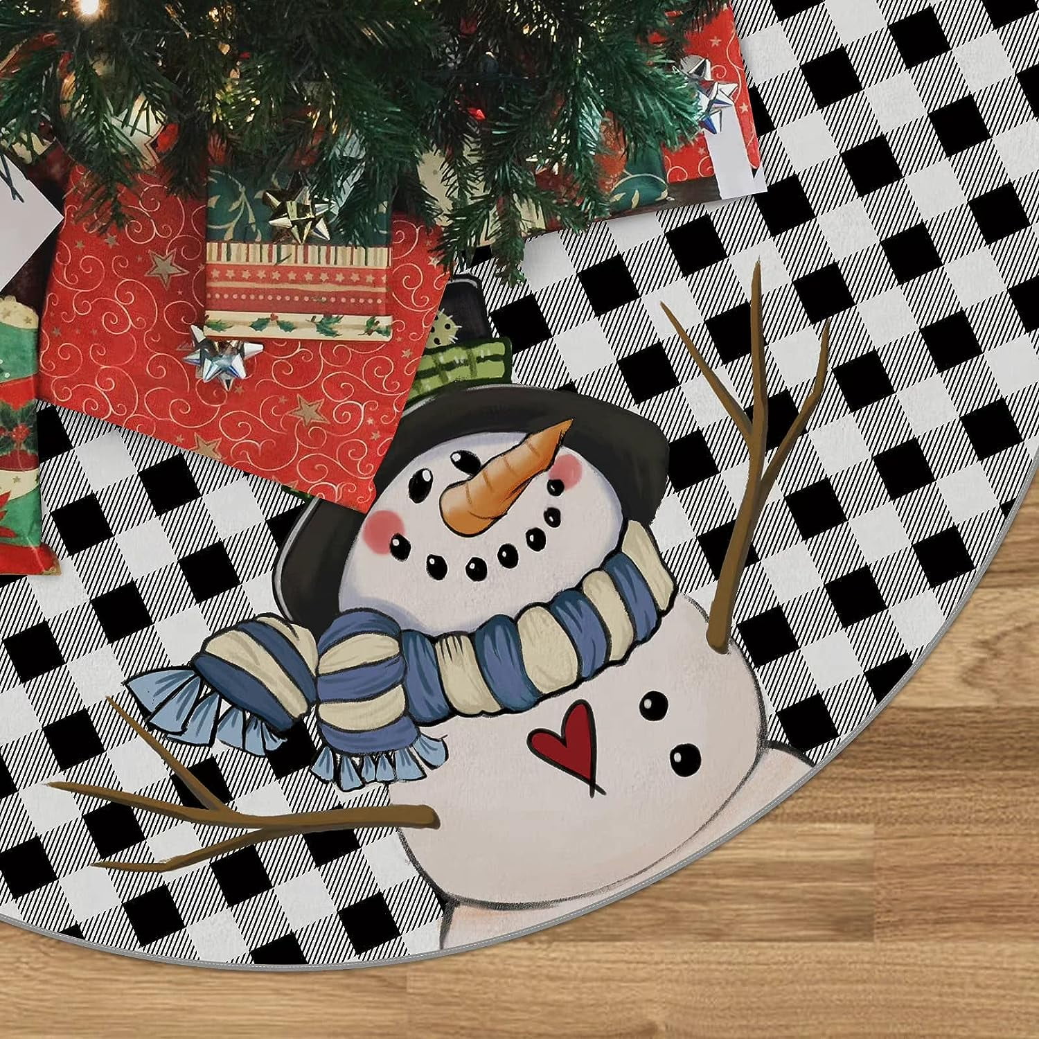 SPXUBZ Christmas Tree Skirt White and Black Buffalo Plaid Snowman Tree ...