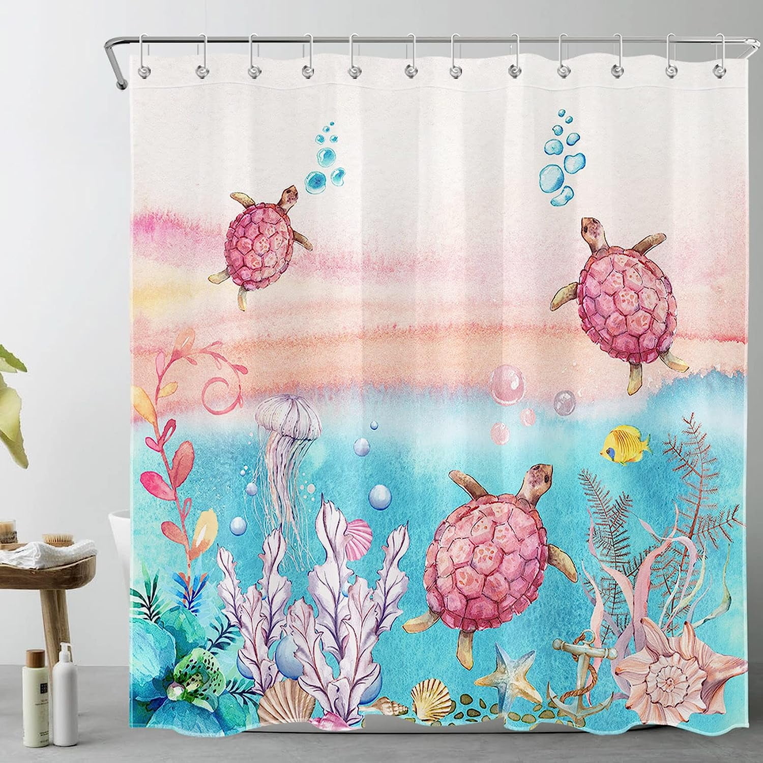 SPXUBZ Cute Sea Turtle Shower Curtain Blue Ocean Pink Beach Shower ...