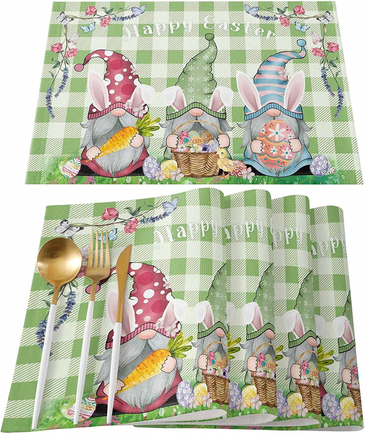 SPXUBZ Easter Placemats, Green Buffalo Plaid Easter Gnome Egg Flower ...