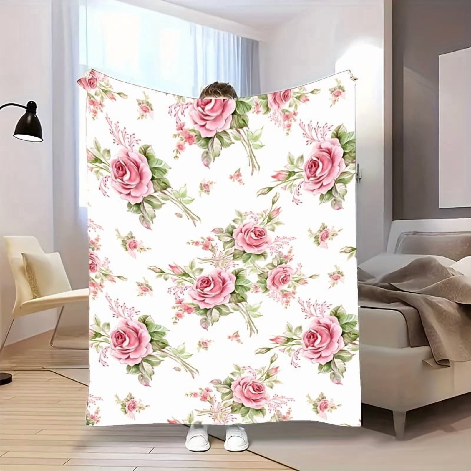 SPXUBZ Floral Pink Roses Print Flannel Blanket Soft Warm Throw for ...