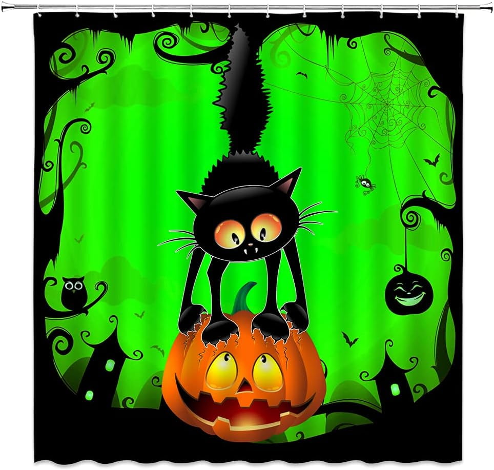 Spxubz Halloween Black Cat Shower Curtain Spooky Black Cat Pumpkin