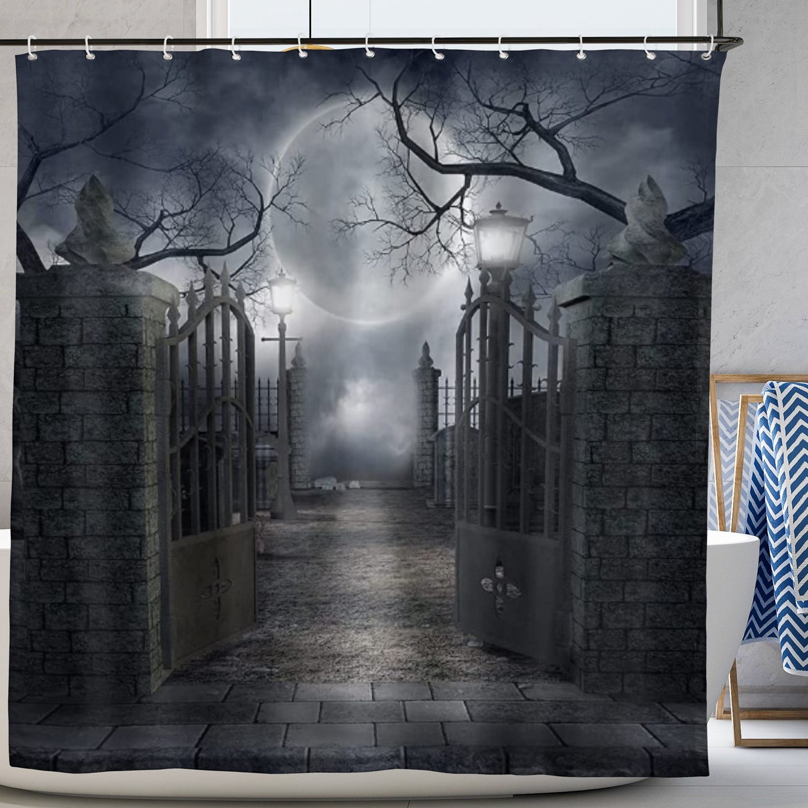 SPXUBZ Halloween Polyester Shower Curtain Scary Night Spooky Courtyard ...