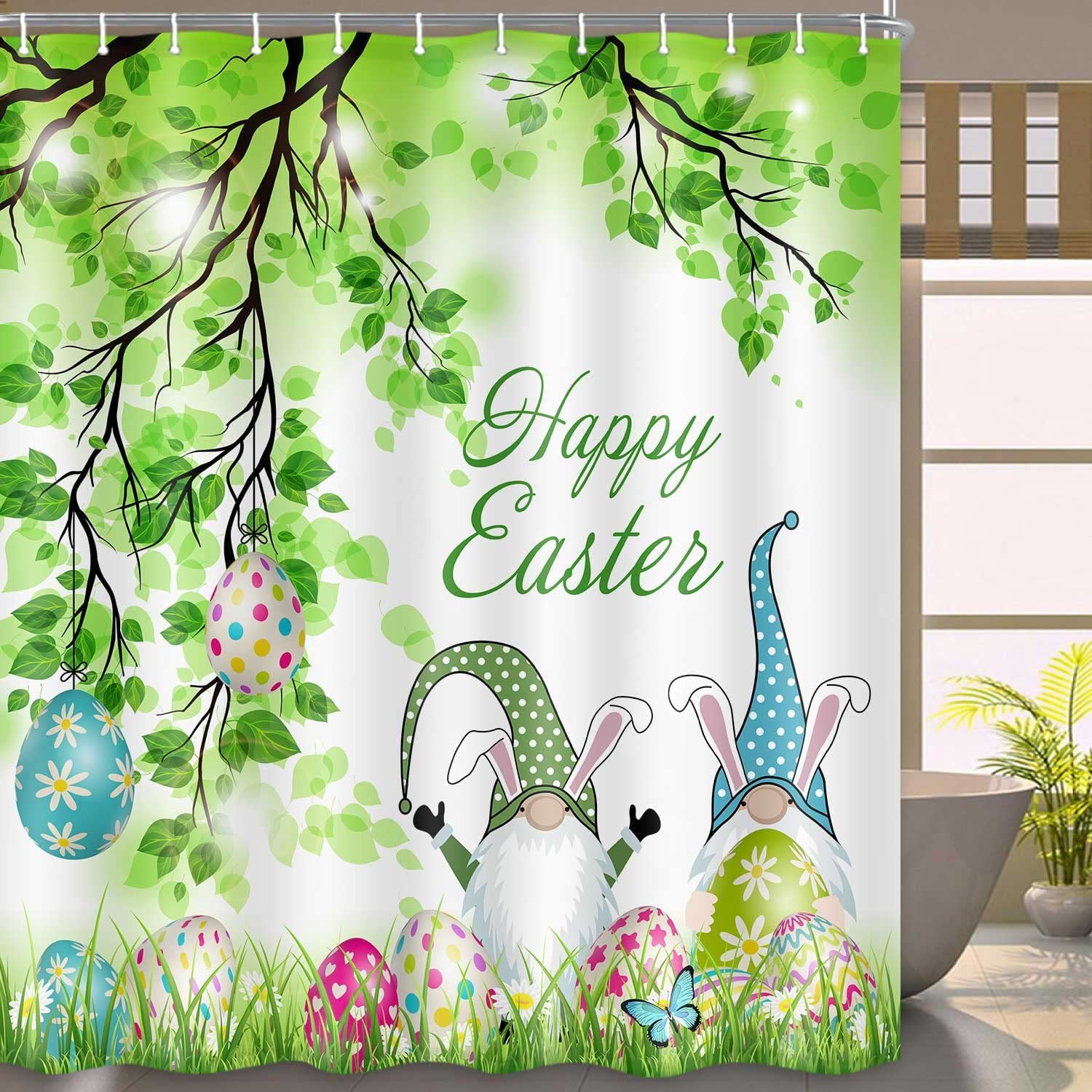 SPXUBZ Happy Easter Shower Curtain, Gnome Rabbit Spring Green Leaves ...
