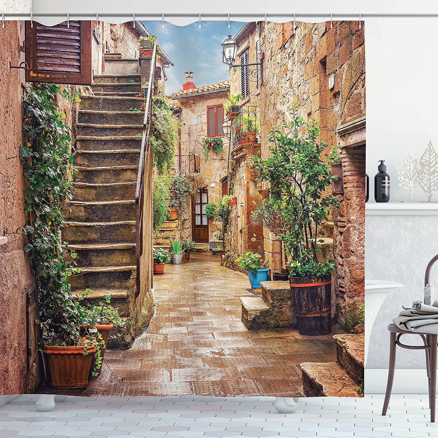 SPXUBZ Italian Shower Curtain, View of Old Mediterranean Street Stone ...