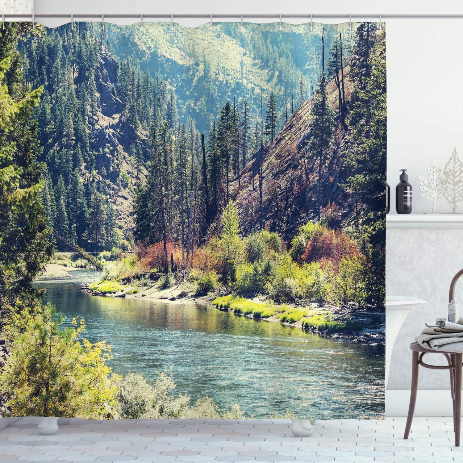 SPXUBZ Landscape Shower Curtain, Scenic Mountain Picture of Pine Trees ...