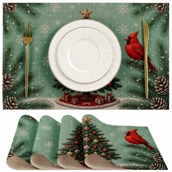 SPXUBZ Linen Placemats Christmas Tree Cardinal Bird Table Mats Washable ...