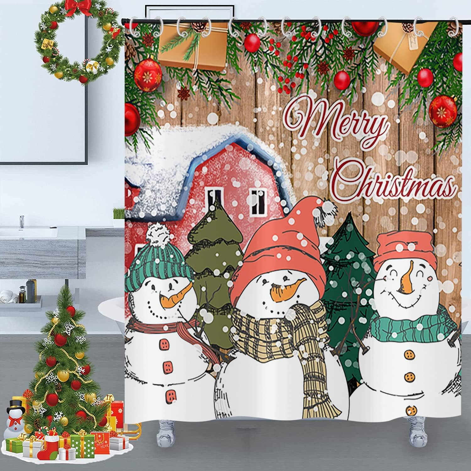 SPXUBZ Merry Christmas Shower Curtain, Winter Cute Snowman Snowflake Red House Pattern Bath ...