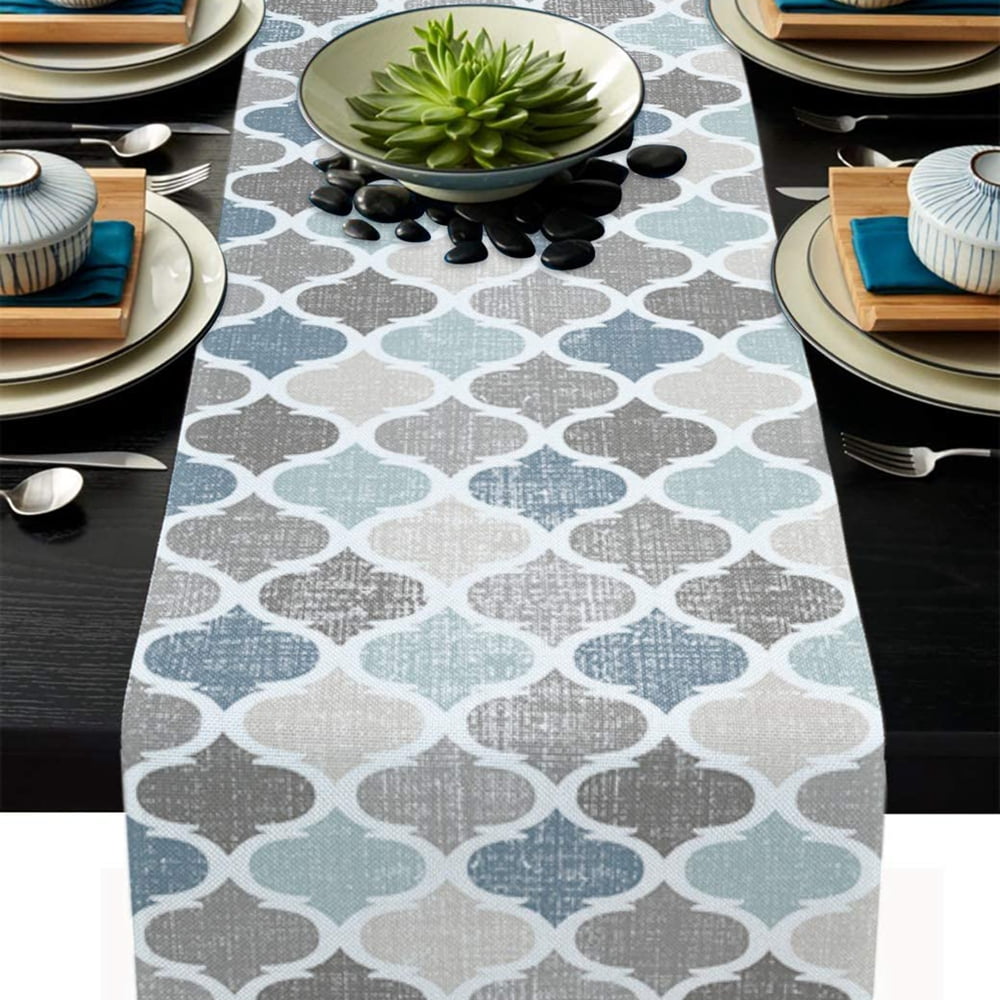 Washable Moroccan Cotton Linen Table Runner - Geometric Quatrefoil ...