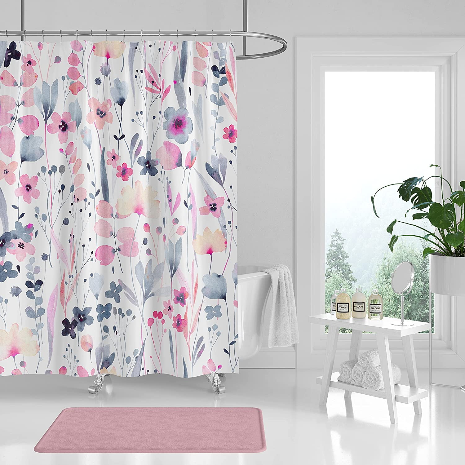 SPXUBZ Pink Blue Floral Shower Curtain Set Wtercolor Botanical Flowers ...