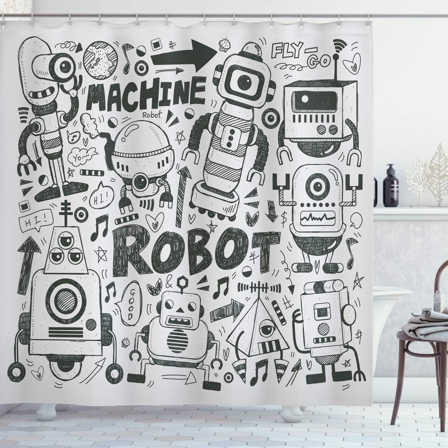 SPXUBZ Robot Shower Curtain, Futuristic Space Doodle Style Androids Sci ...