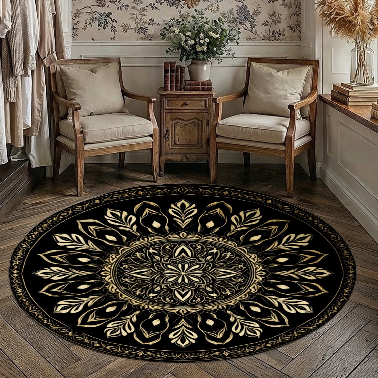 SPXUBZ Round Velvet Area Rug Vintage Khaki Coffee Oriental Circular ...