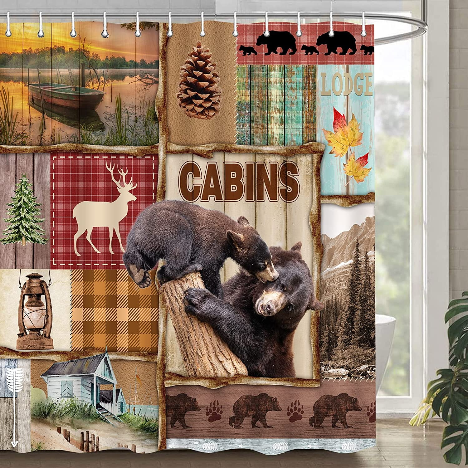 SPXUBZ Rustic Bear Cabin Deer Shower Curtain Farmhouse Forest Moose Elk ...