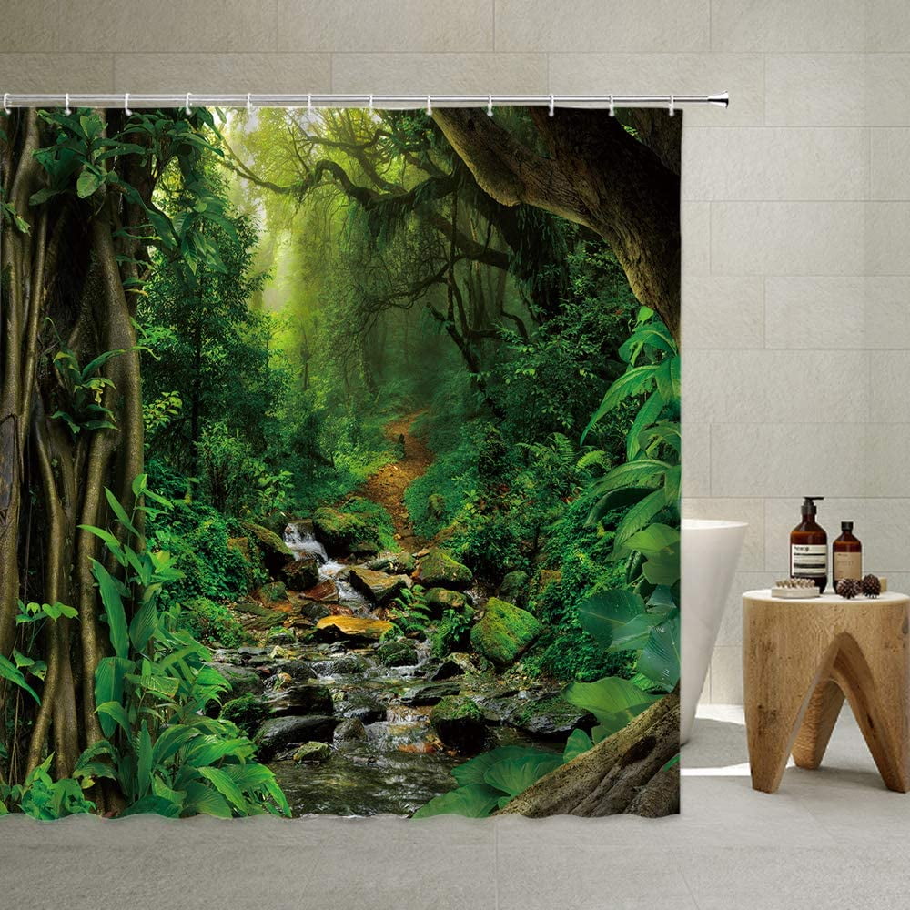 SPXUBZ Tropical Rainforest Shower Curtain Green Jungle Primeval Forest ...