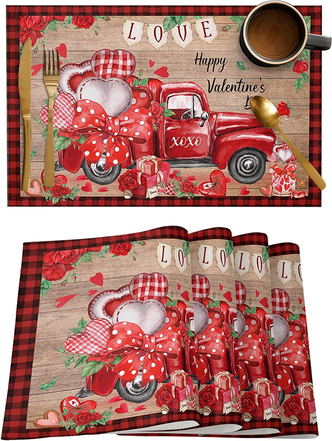 SPXUBZ Valentine's Day Placemats, Red and Black Buffalo Plaid Retro ...