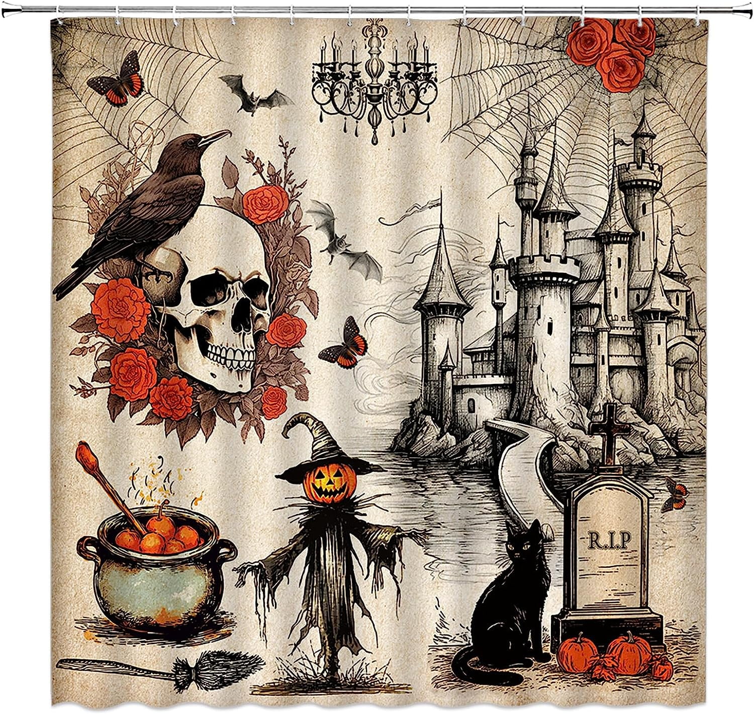 Spxubz Vintage Halloween Shower Curtain Scary Skeleton Castle Grave