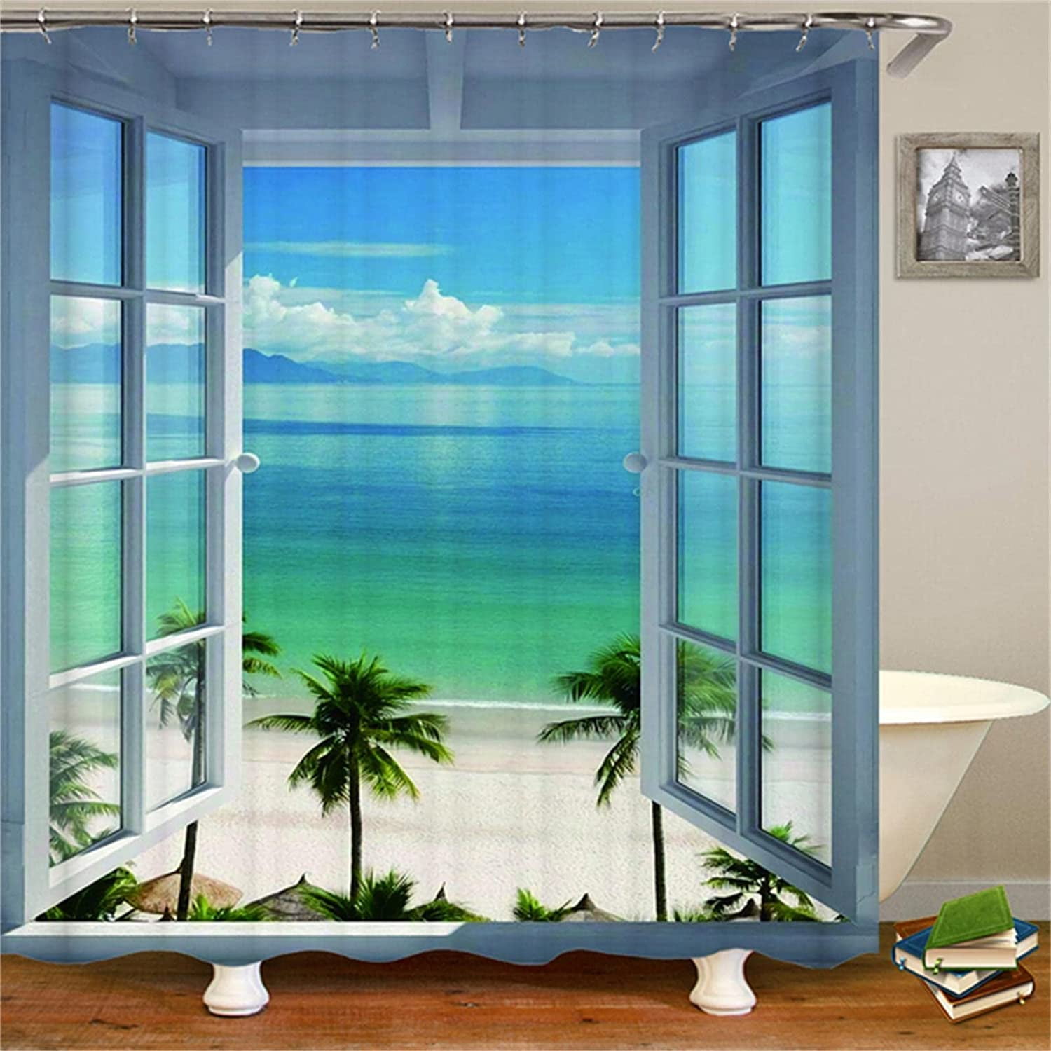 SPXUBZ Window Sill Beach Scenery Shower Curtain with 12 Hooks ...