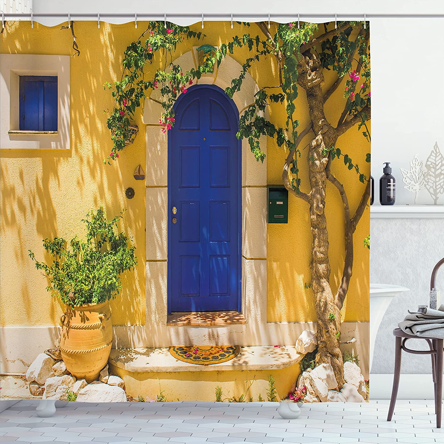 SPXUBZ Yellow and Blue Shower Curtain, Traditional Greek House Door ...