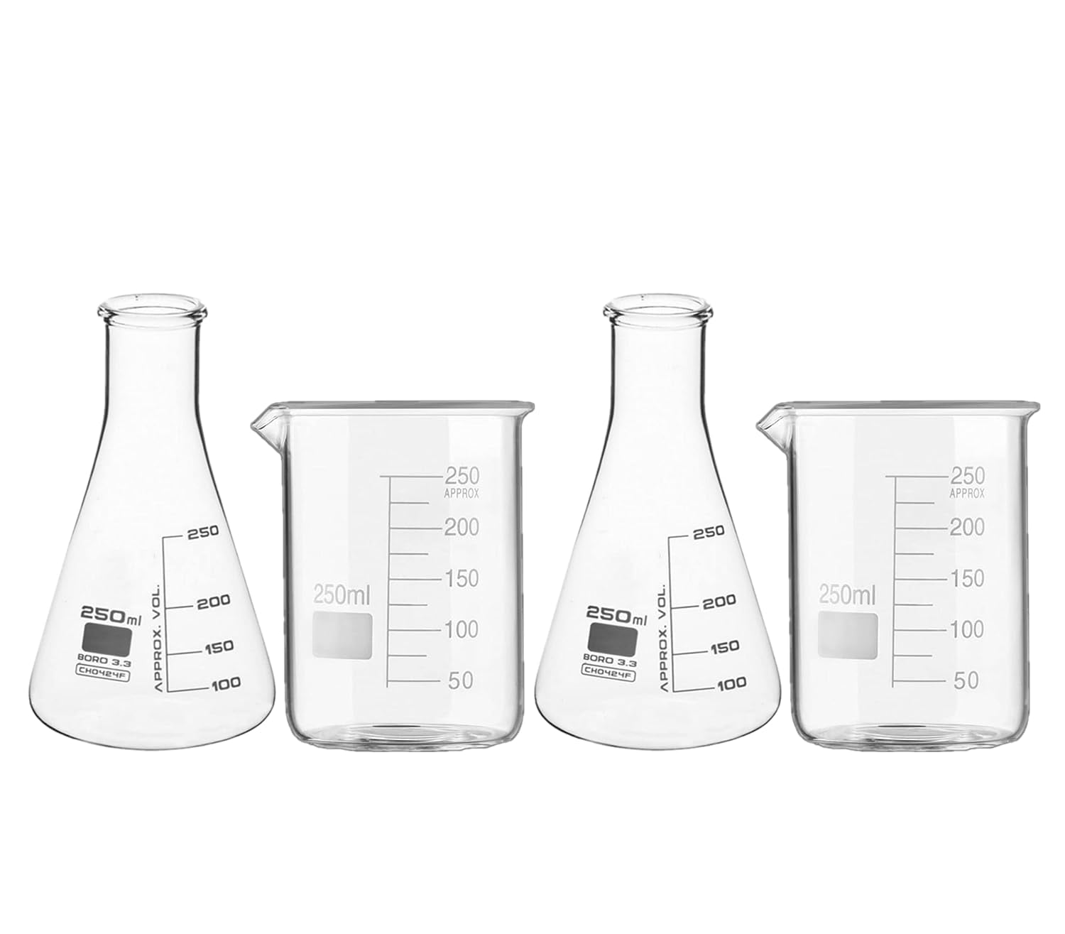 SPYLX Borosilicate 33 Glass Beakers 250 ml 2 pcs and Conical 250 ml 2 pcs Graduation Marks Pack ...