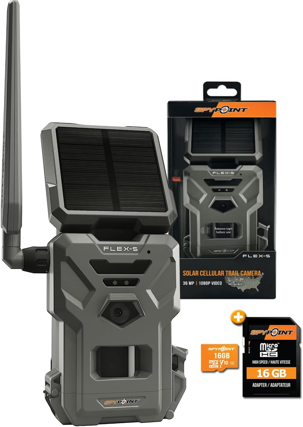 SPYPOINT Flex-S Solar Cellular Trail Cam, LTE, 100ft Range, 16gb SD ...