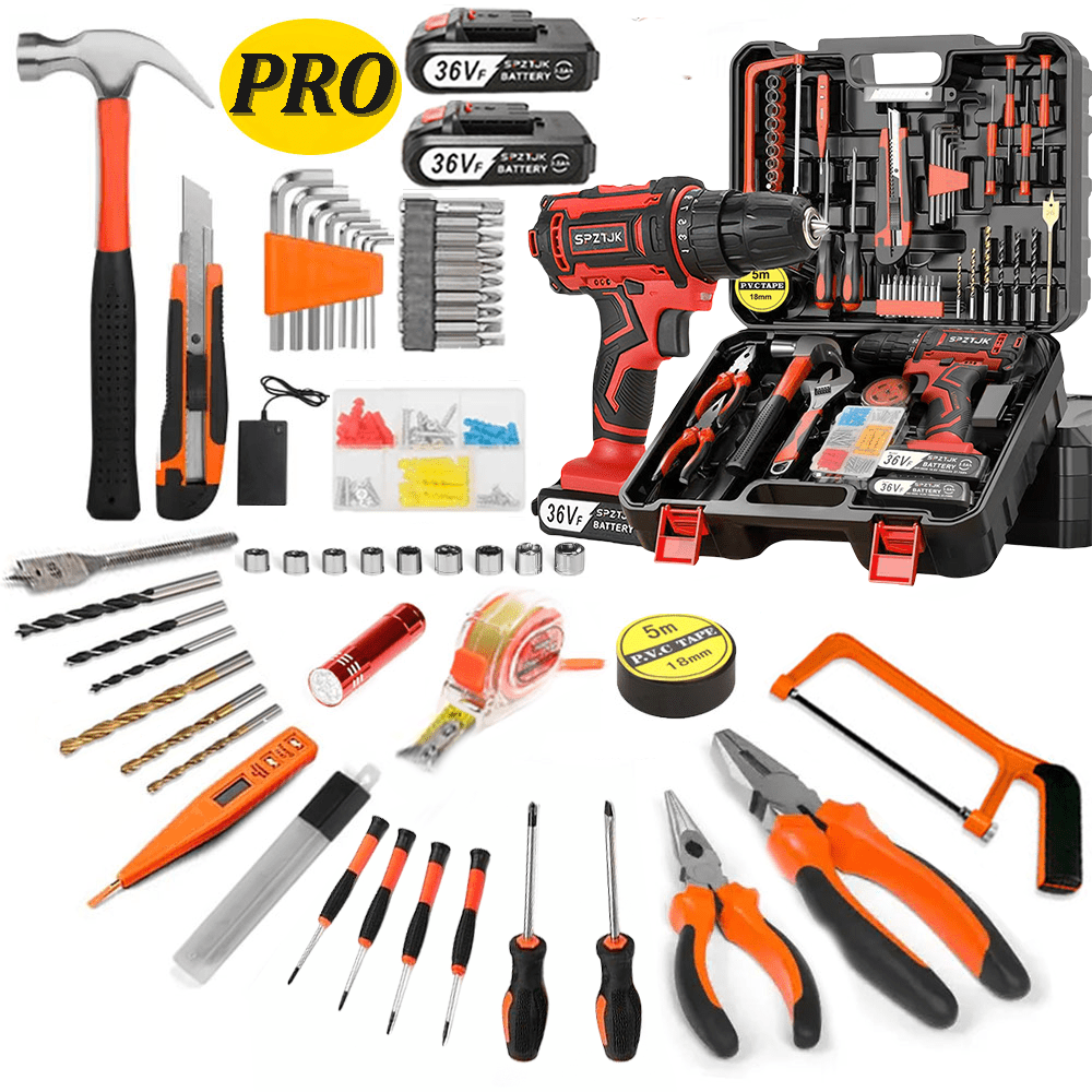 SPZTJK 102Pcs Home Cordless Drill Set with 2 Batteries | 1500RPM Cordless Drill & hand tools 25 ...