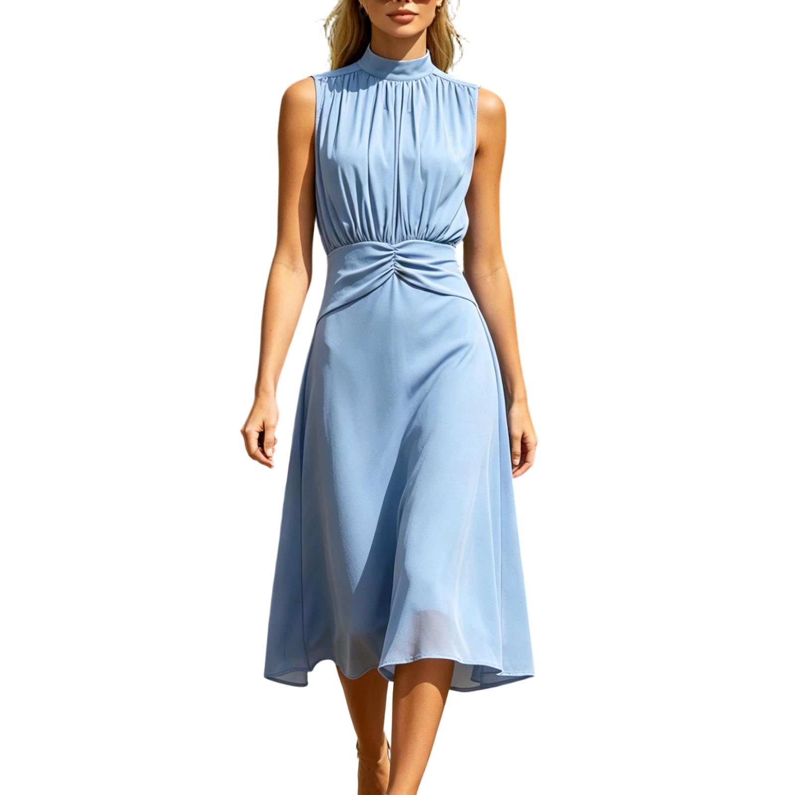 SPZTSX Womens Sleeveless High Neck Ruched Waist Midi Dress Summer ...