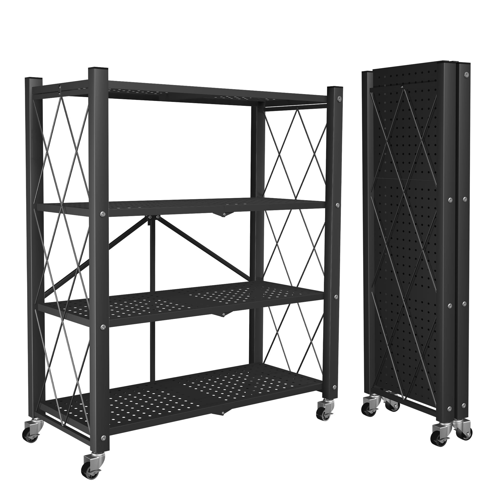 SQIREP 4-Tier Foldable Storage Shelf with Wheels Metal Rack Shelving ...