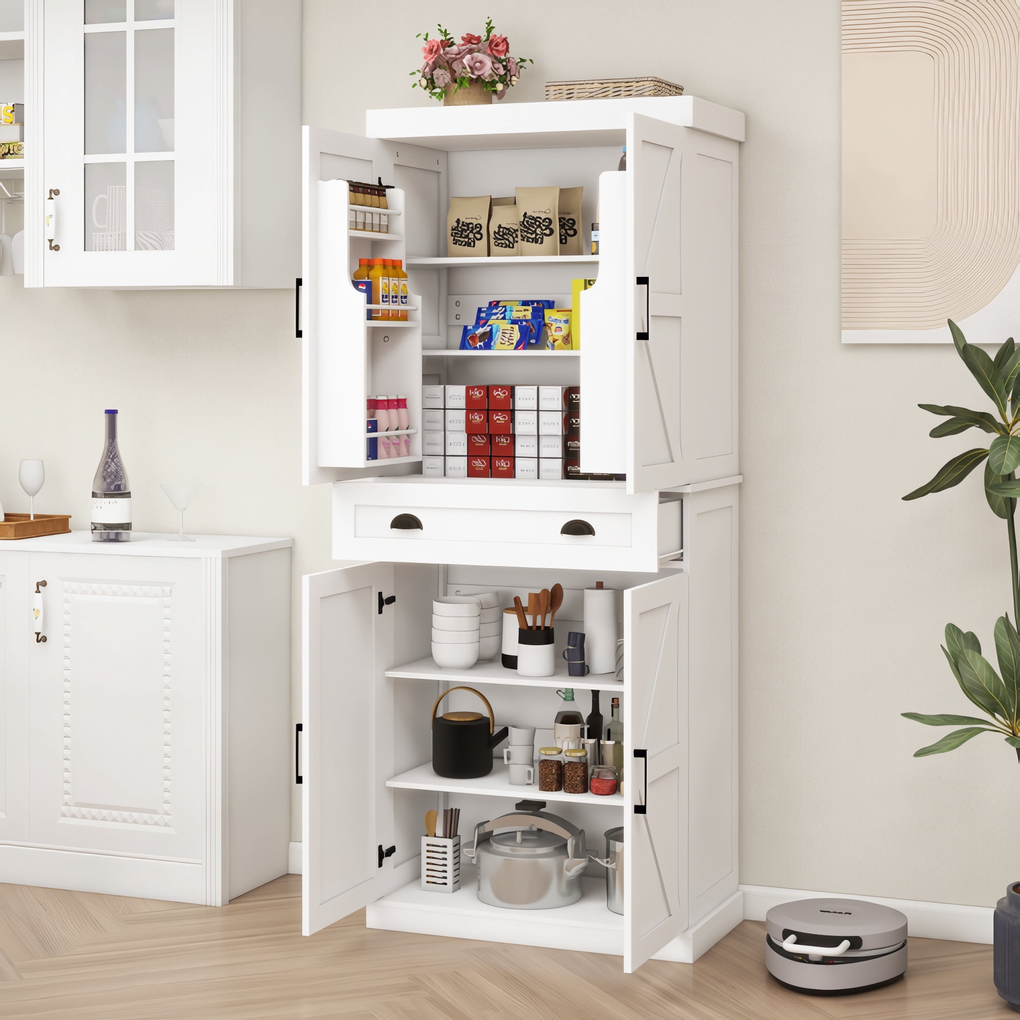 SQIREP 71" Tall Kitchen Pantry, Farmhouse Wood Kitchen Storage Cabinet ...