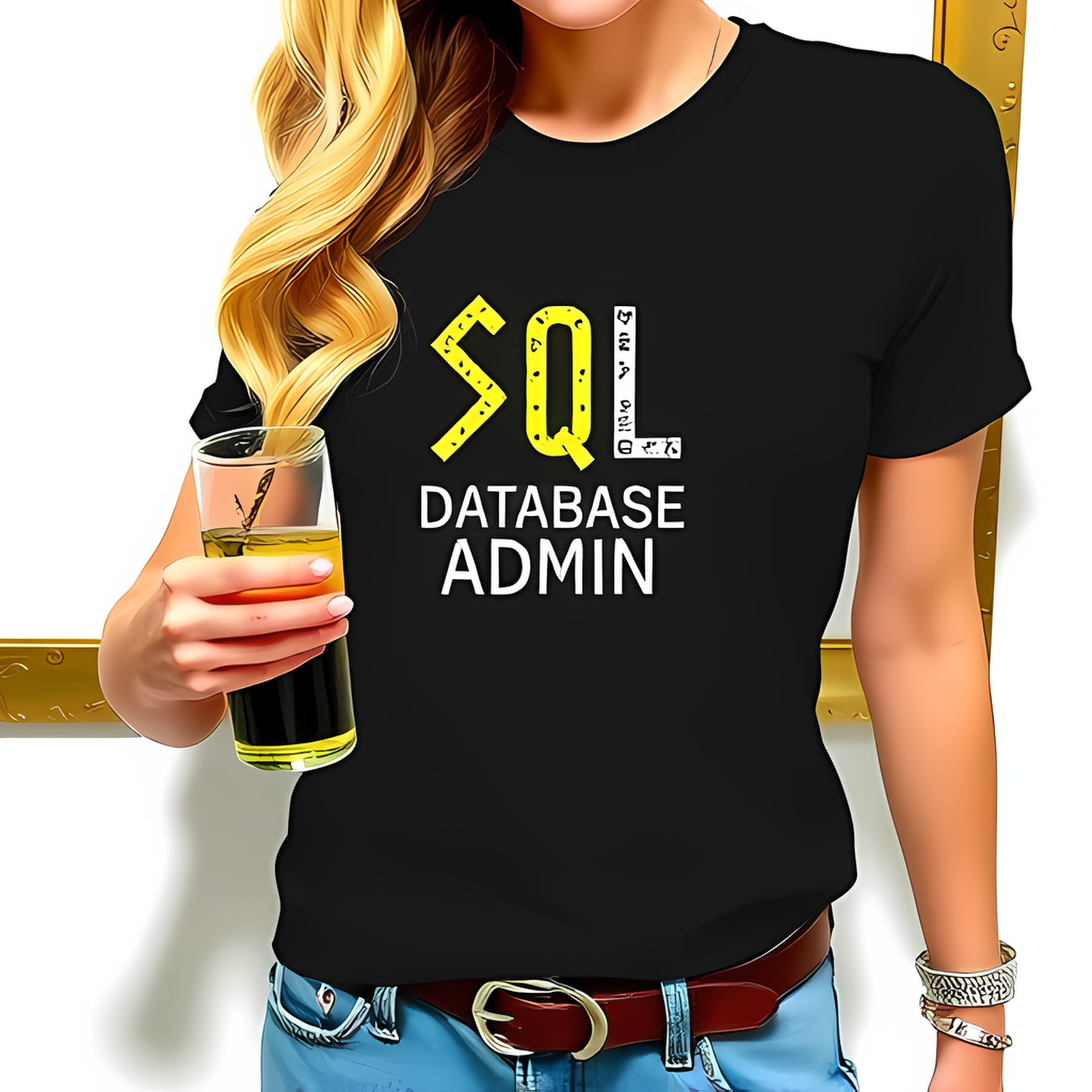 SQL Database Admin T-Shirt for Women - Casual Black Tee with Bold Graphic Design & Yellow ...