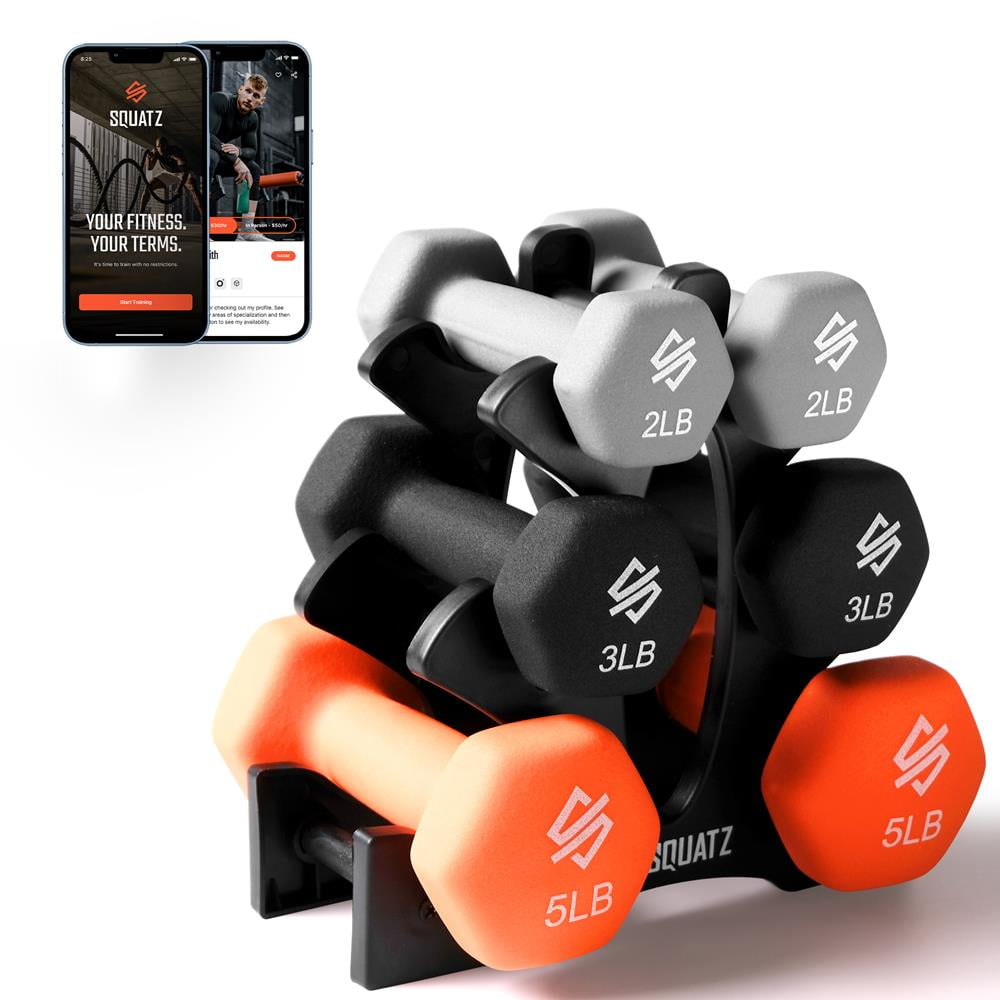 SQUATZ 20 lb Neoprene Coated Dumbbell Set with Stand, Anti-Slip, Hex ...