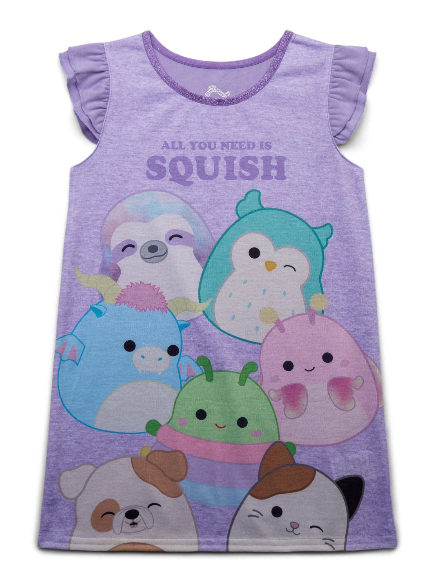 Squishmallows Girls Pajama Nightgown with Short Sleeves, Sizes 4-12 ...