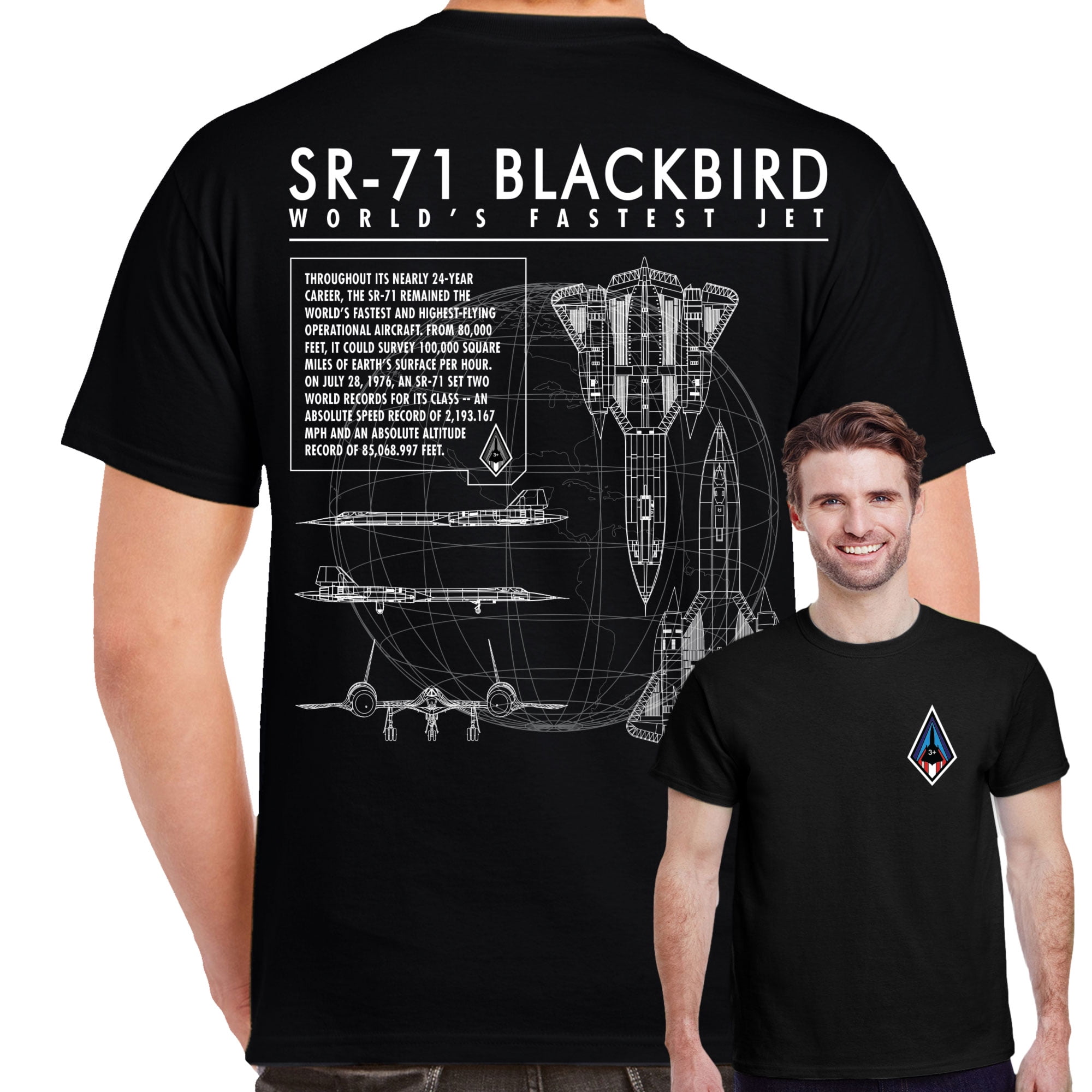 SR-71 Blackbird Mach 3 Schematic Double Sided Adult T-Shirt-Large ...