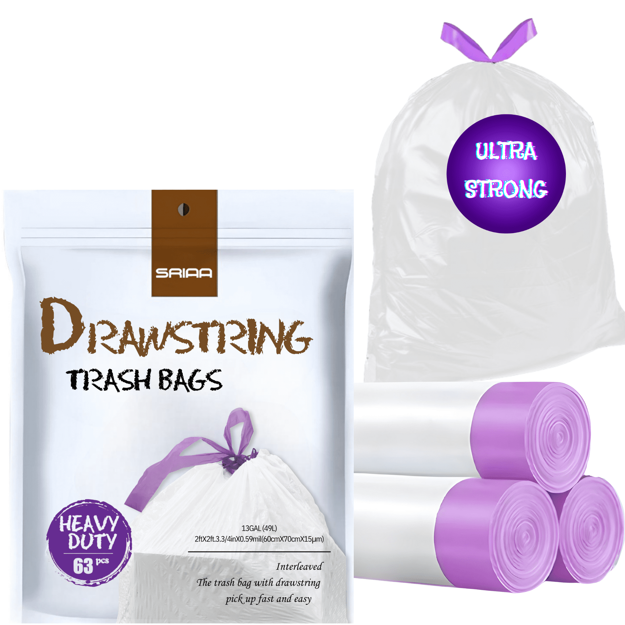 SRIAA White Trash Bags with Drawstring 13 Gallons- 3 Rolls 63 Bags ...