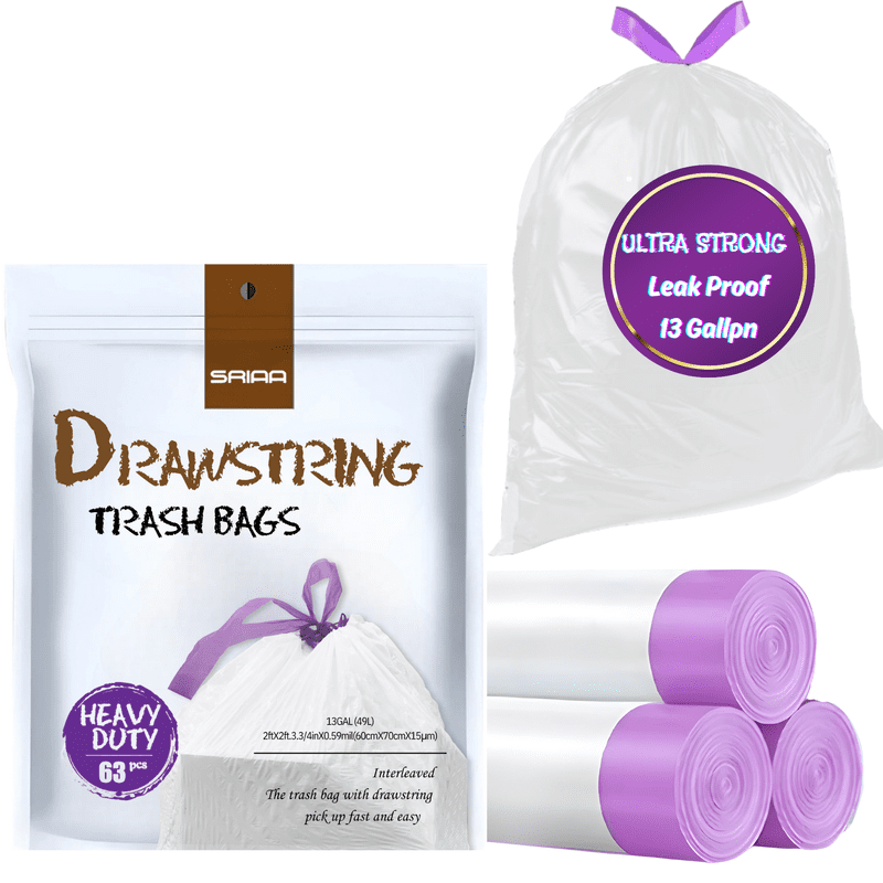 SRIAA White Trash Bags with Drawstring 13 Gallons- 3 Rolls 63 Bags ...