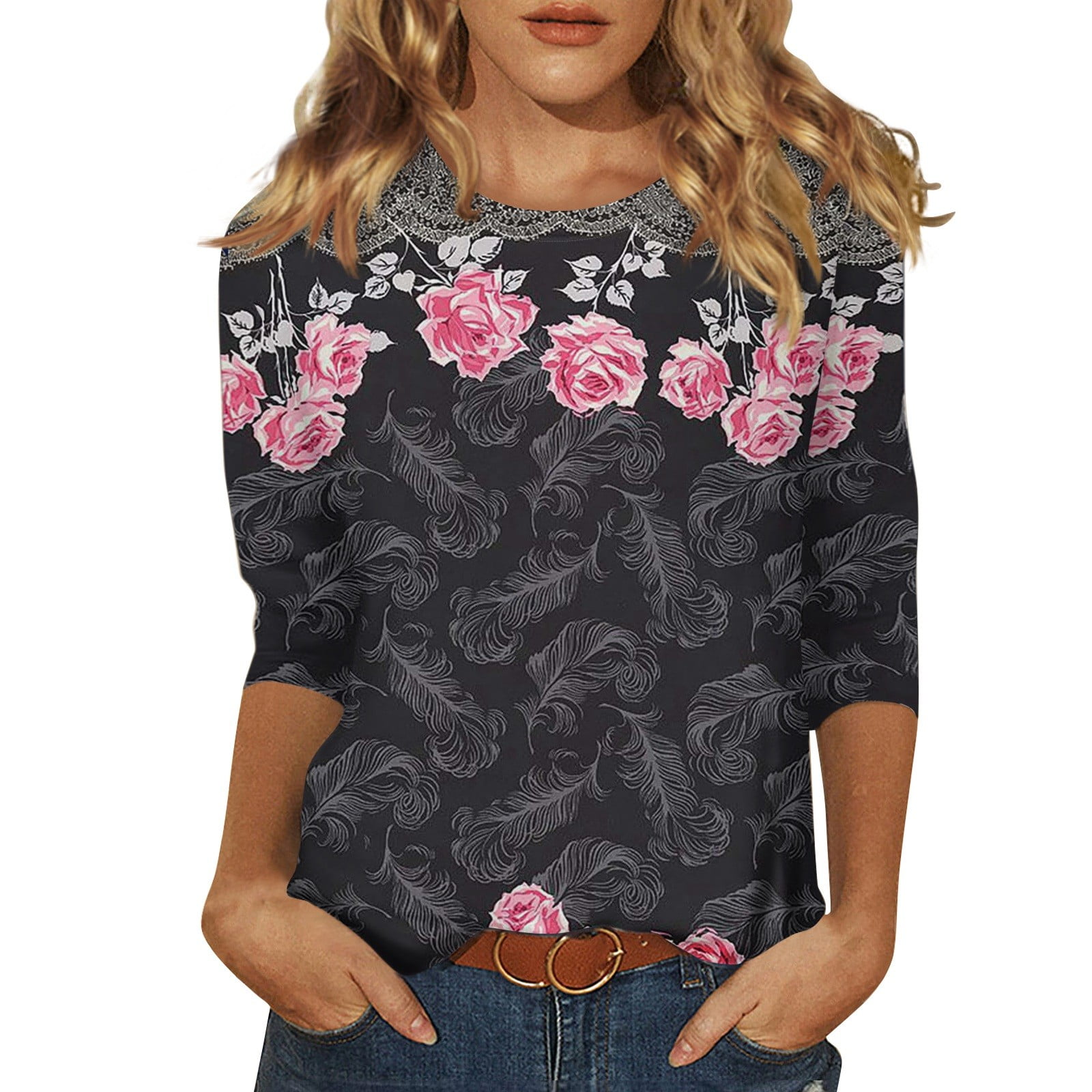 Sriene 34 Length Sleeve Womens Tops Round Neck Casual Loose T Shirts