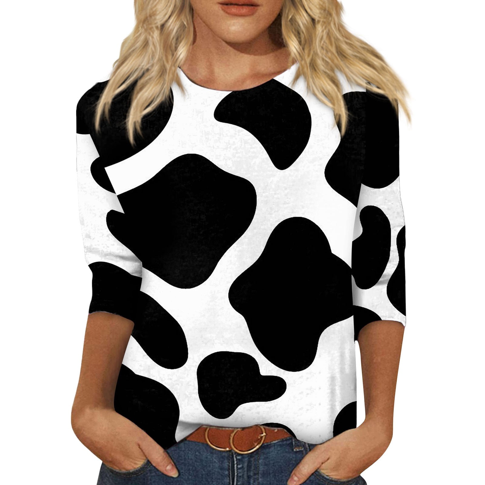 Sriene 34 Sleeve Tops For Women Crew Neck Casual Loose Shirts Cow Print Cute Graphic Blouses