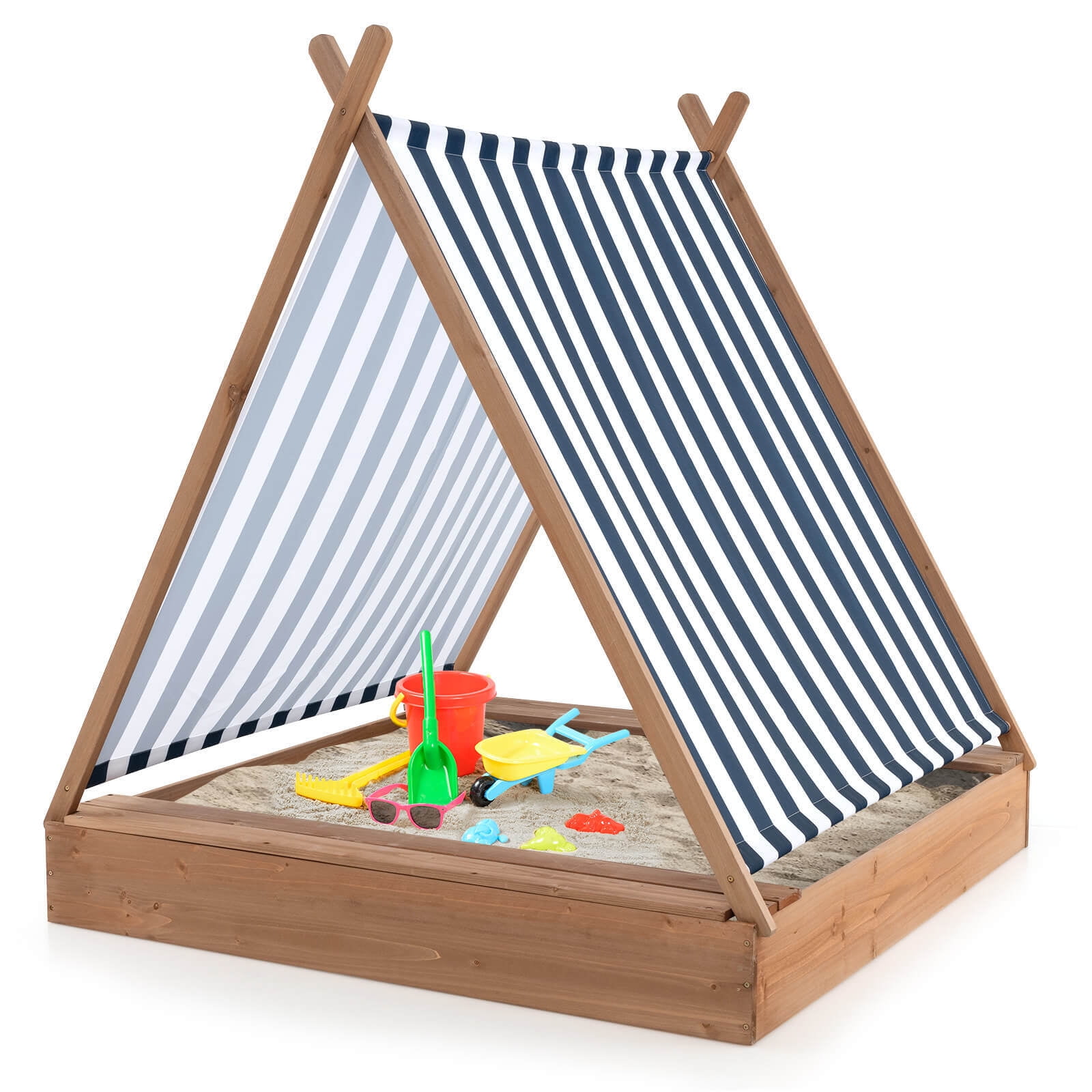 SRJUYK Wooden Sandbox with Canopy Tent Design, Fir Wood Frame, 2 Bench ...