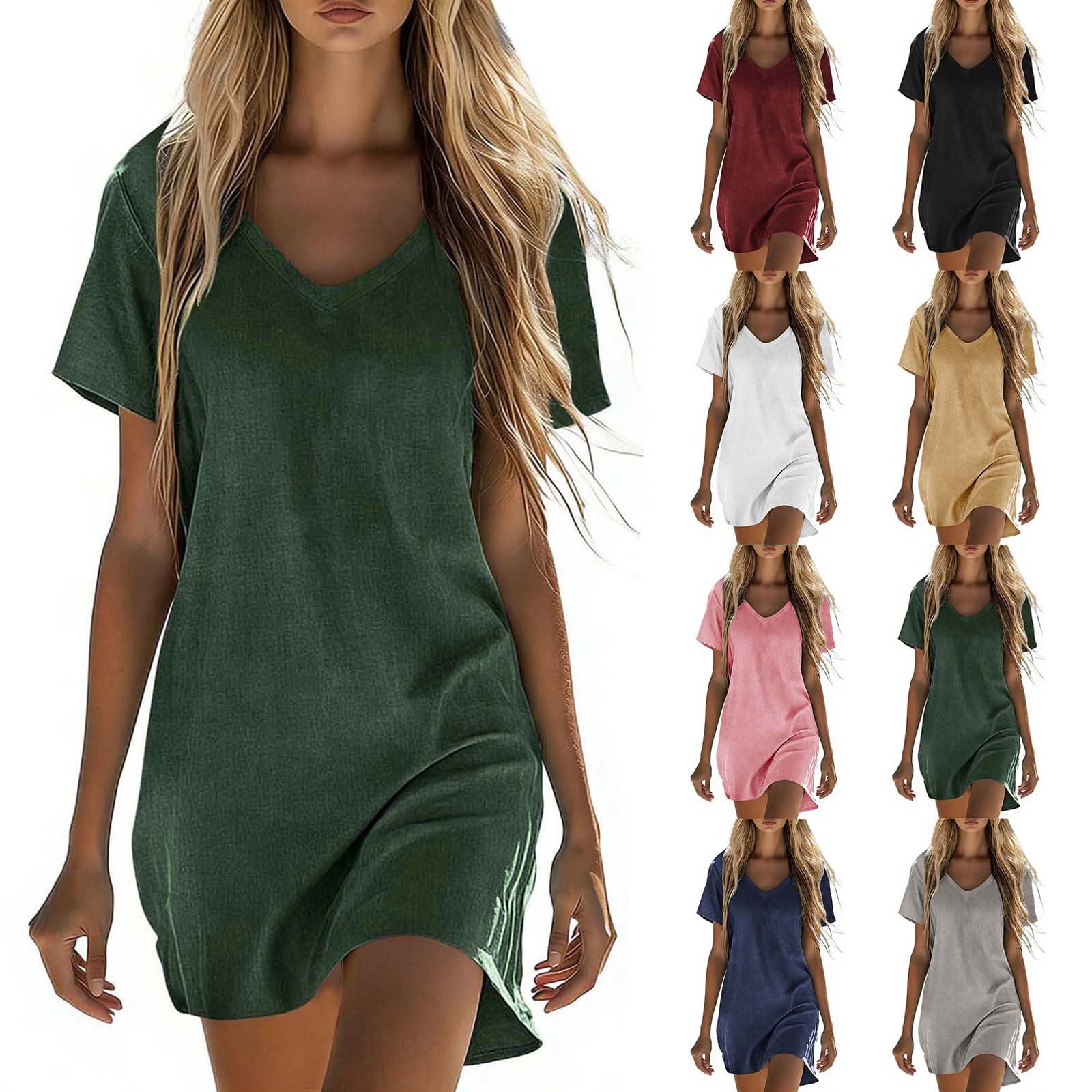 SROBPTY Dresses for Women Solid Short Sleeve V Neck with Pockets Mid ...