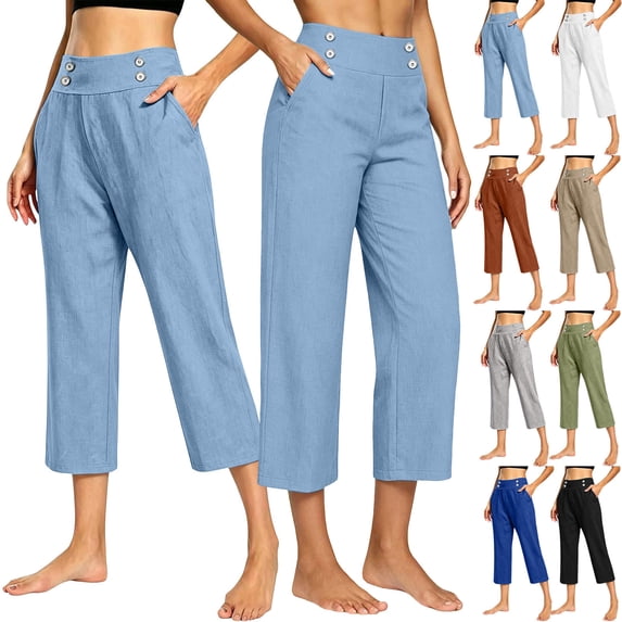 SROBPTY Womens Pants Solid High Elastic Waist Wide-Leg Button Relaxed 7 ...