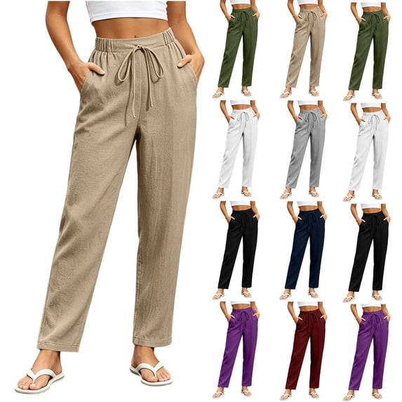 SROBPTY Womens Pants Solid High Waist Straight-Leg with Pockets Linen ...