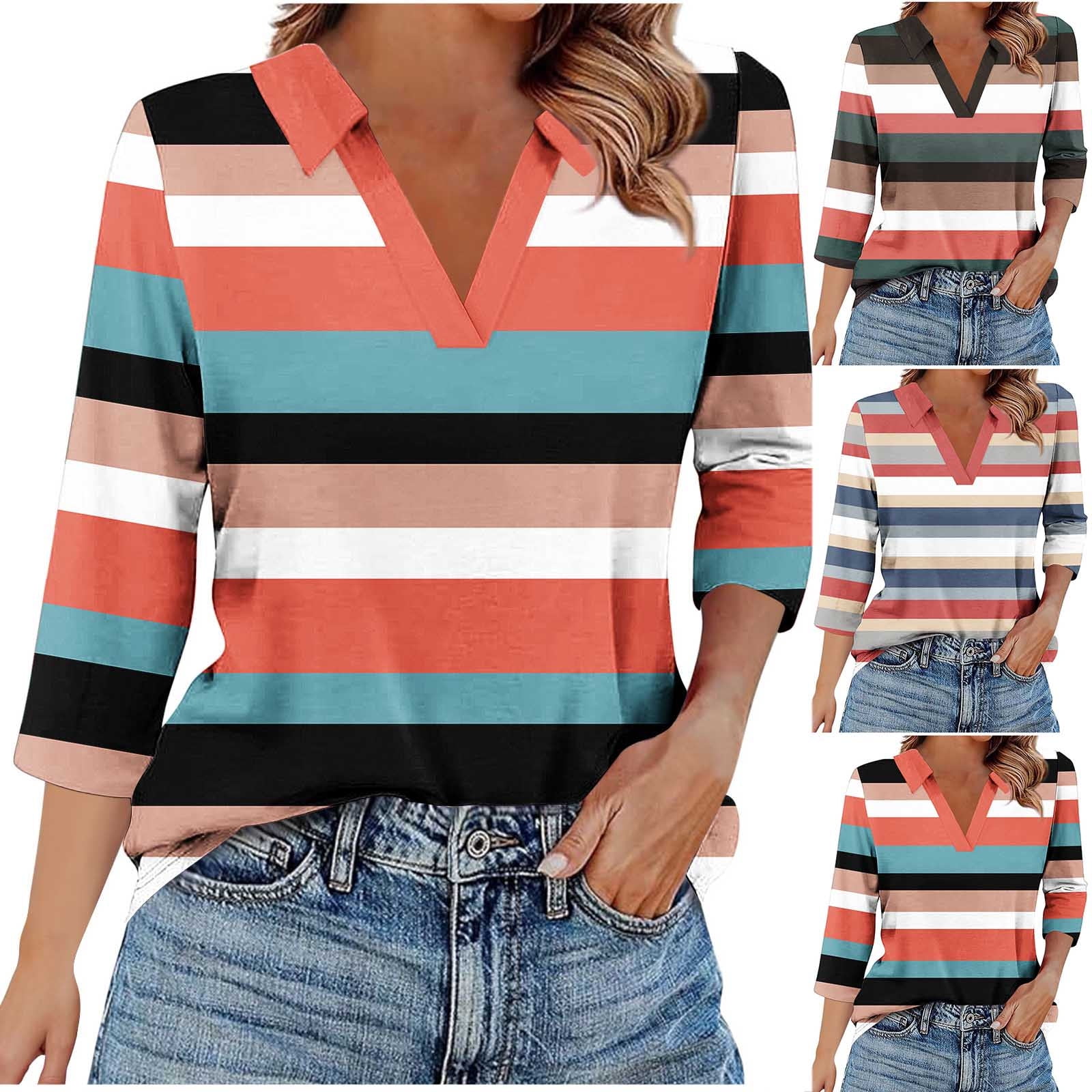 SROBPTY Womens Tops Print Collared 3/4 Sleeve Loose Breathable Shirts ...