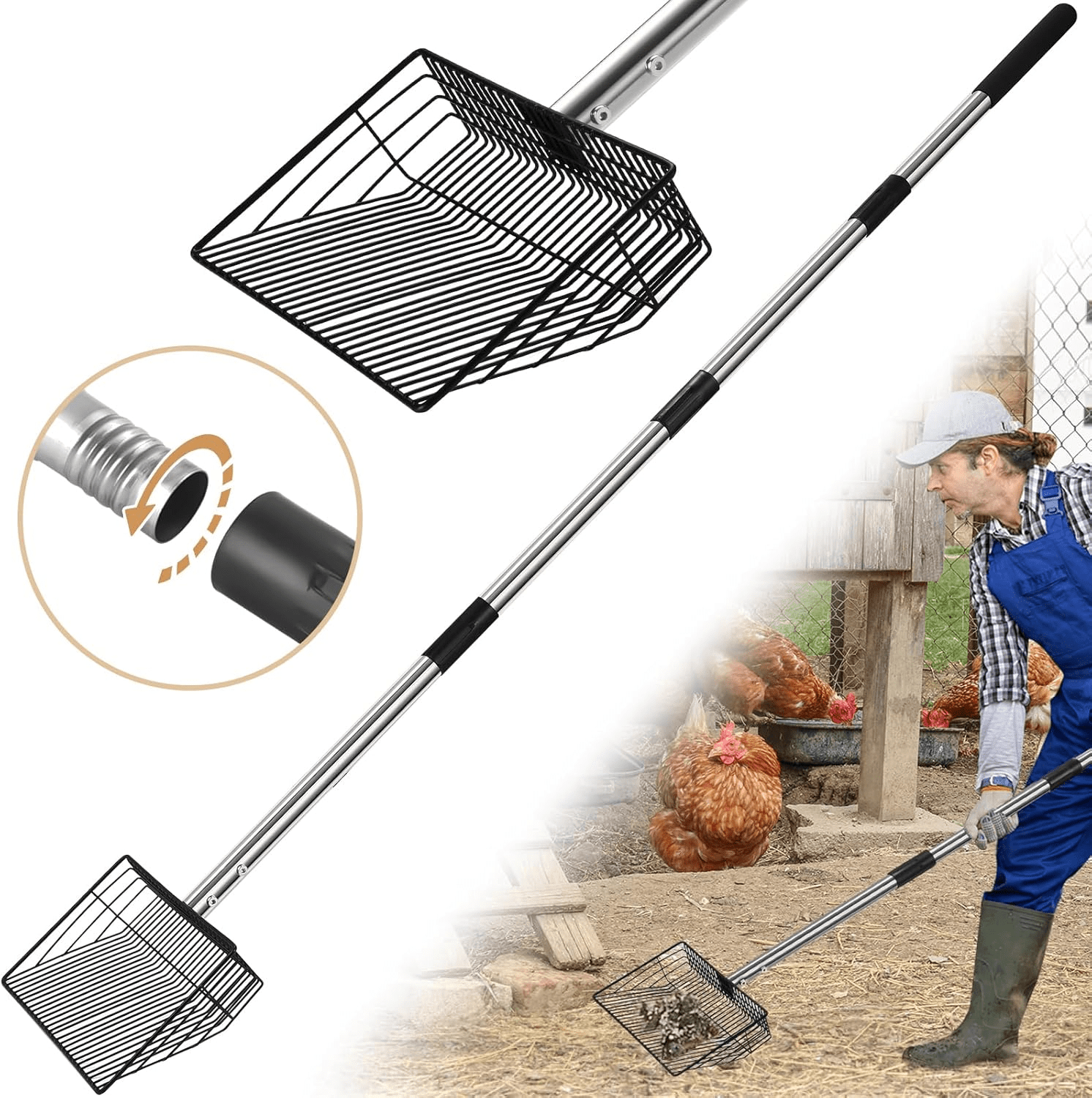 SRTHKE 10" Large Metal Chicken Poop Scooper - 24-68" Adjustable ...