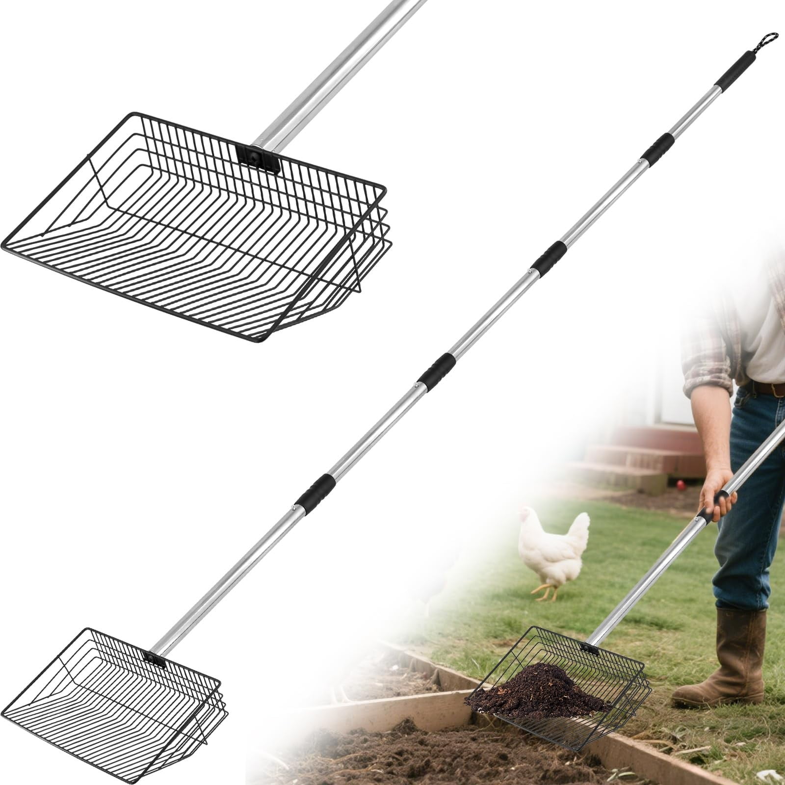 SRTHKE Chicken Poop Rake - Adjustable Handle (36"-67"), 10" Wide Scoop ...