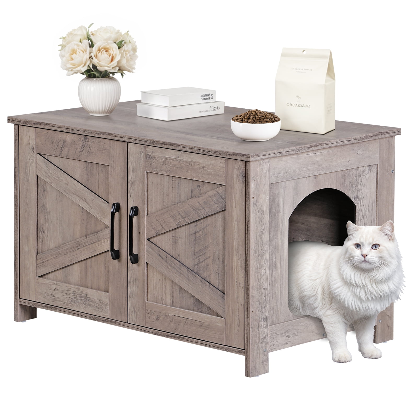 SRTHKE Grey MDF Cat Litter Box Enclosure, Closed Odor-Proof Cat House, Multi-Functional Side ...