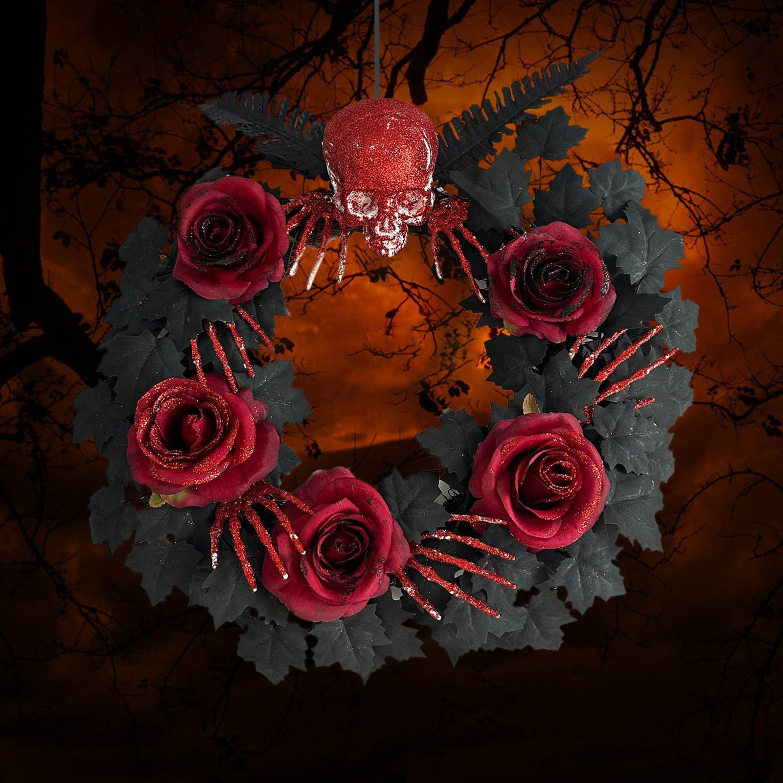 SRUILUO 17.7" Black Halloween Wreath for Front Door Artificial Wreaths ...