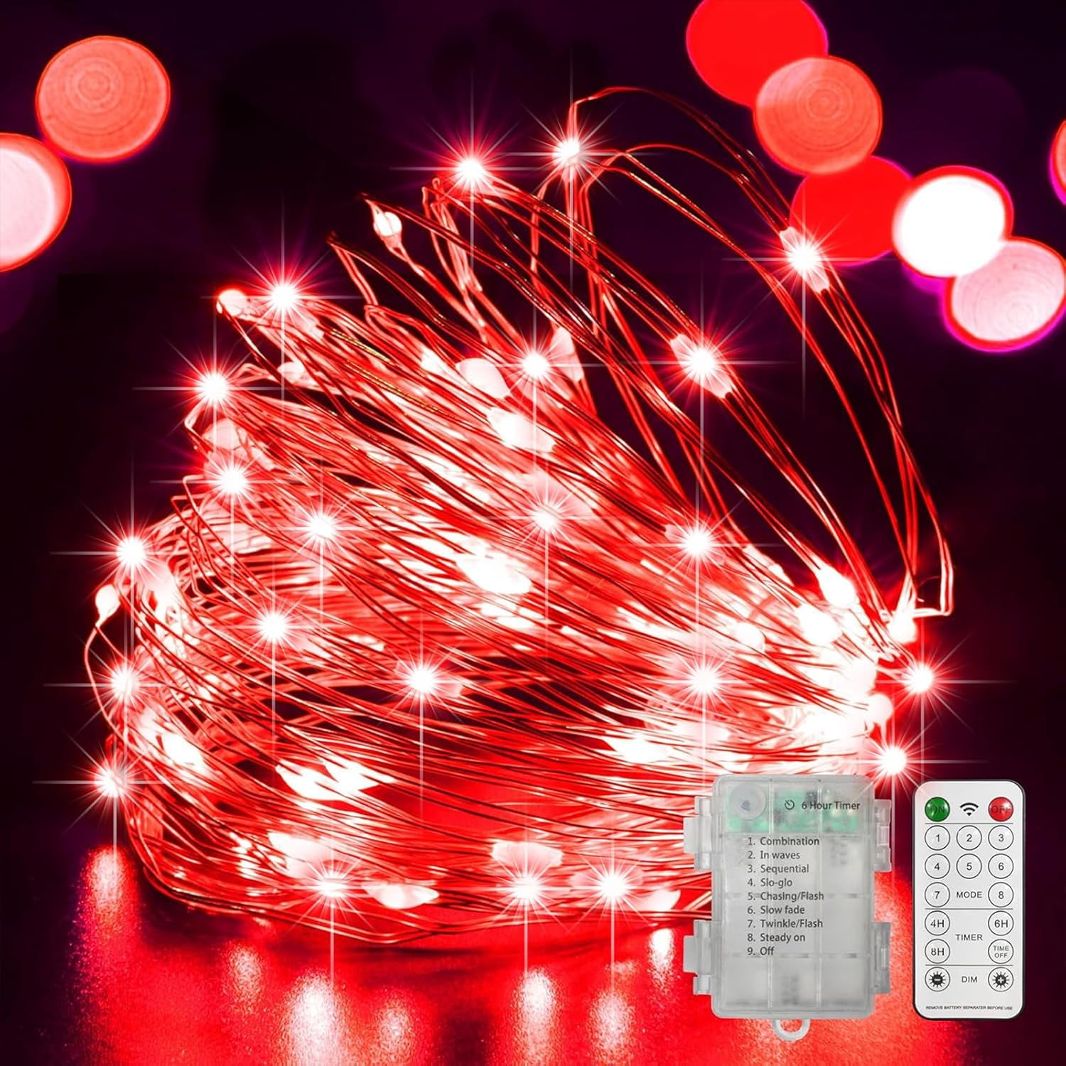 SRWEHG-100 LED 33FT Red Fairy Lights Battery Operated with Remote, Mini ...
