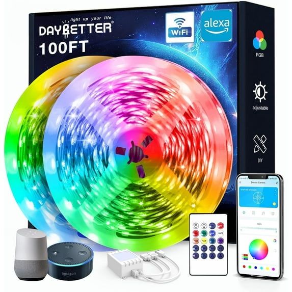 SRWEHG-100 ft Smart WiFi Led Lights, Led Strip Lights Work with Alexa ...