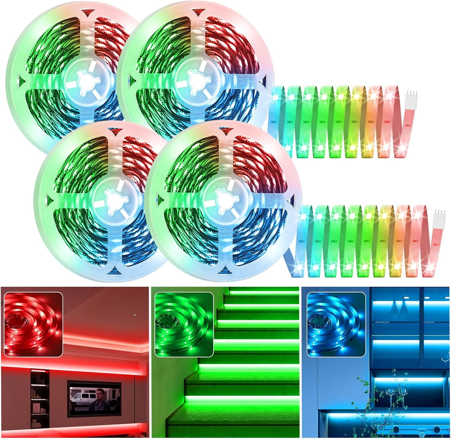 SRWEHG-131.2ft LED Strip Lights(4 Rolls of 32.8ft),480LEDs 5050 RGB ...