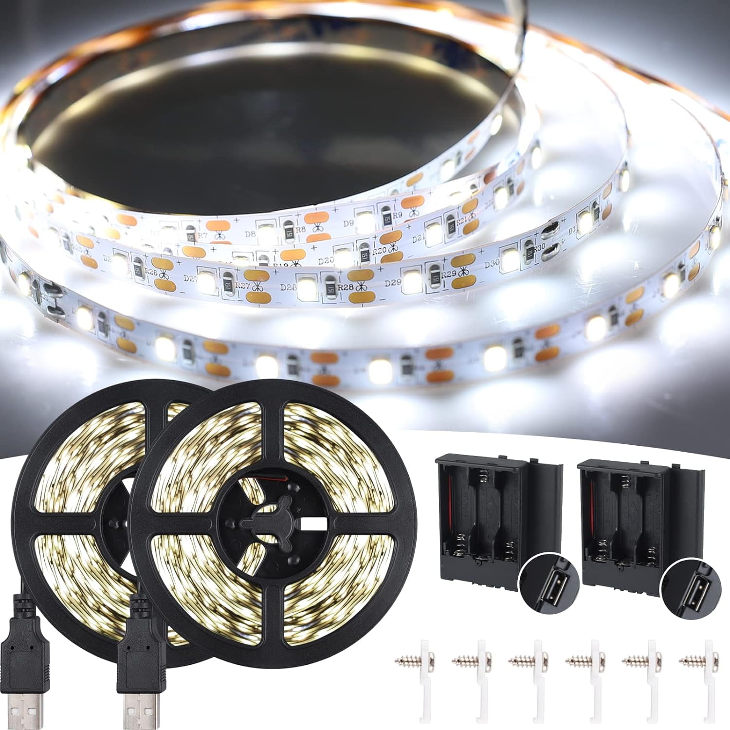SRWEHG-16.4FT Daylight White LED Strip Light with USB Plug+Battery Box ...